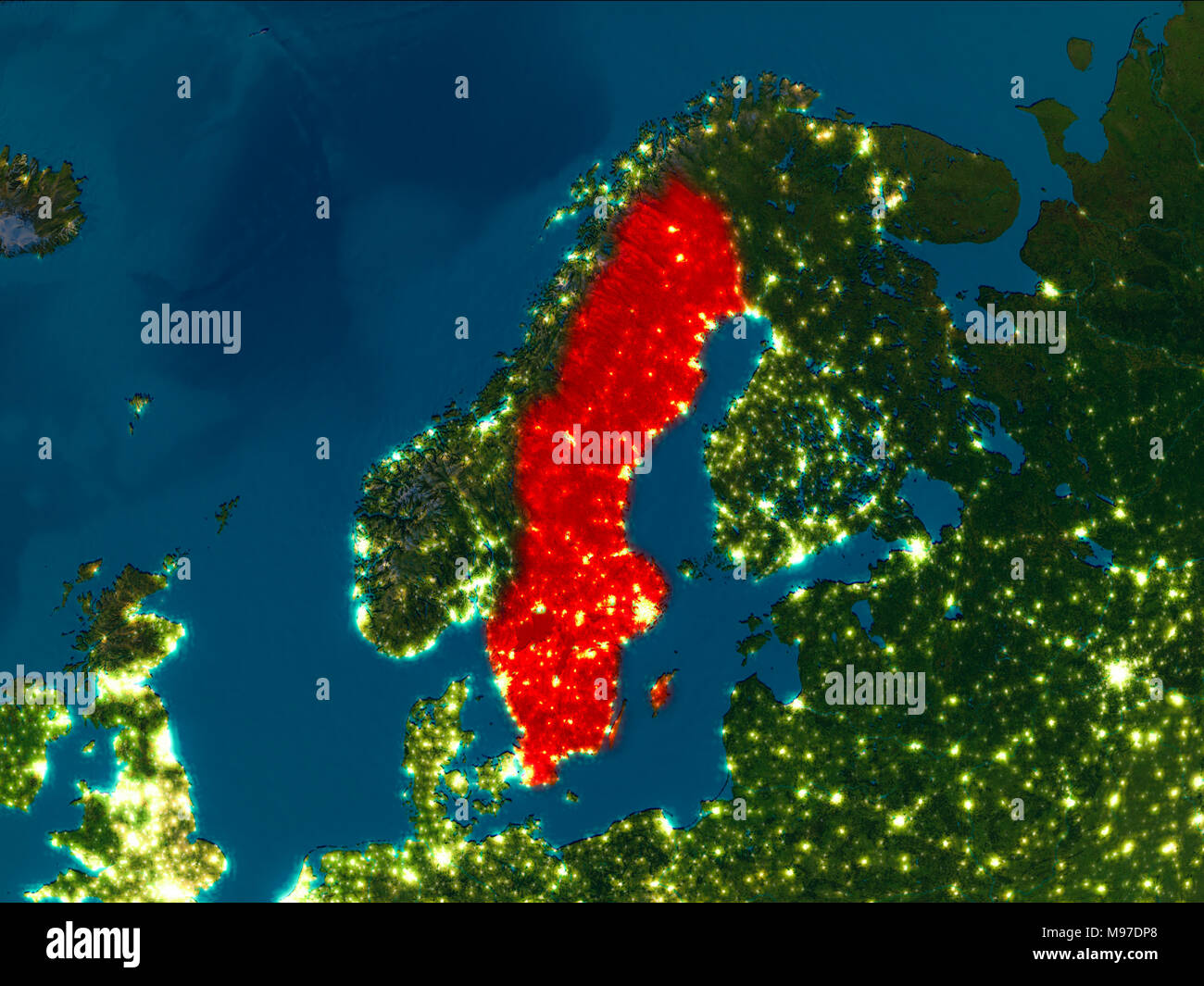 Satellite night view of Sweden highlighted in red on planet Earth. 3D illustration. Elements of ...