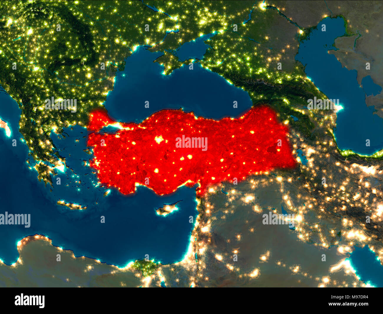 Satellite night view of Turkey highlighted in red on planet Earth. 3D ...