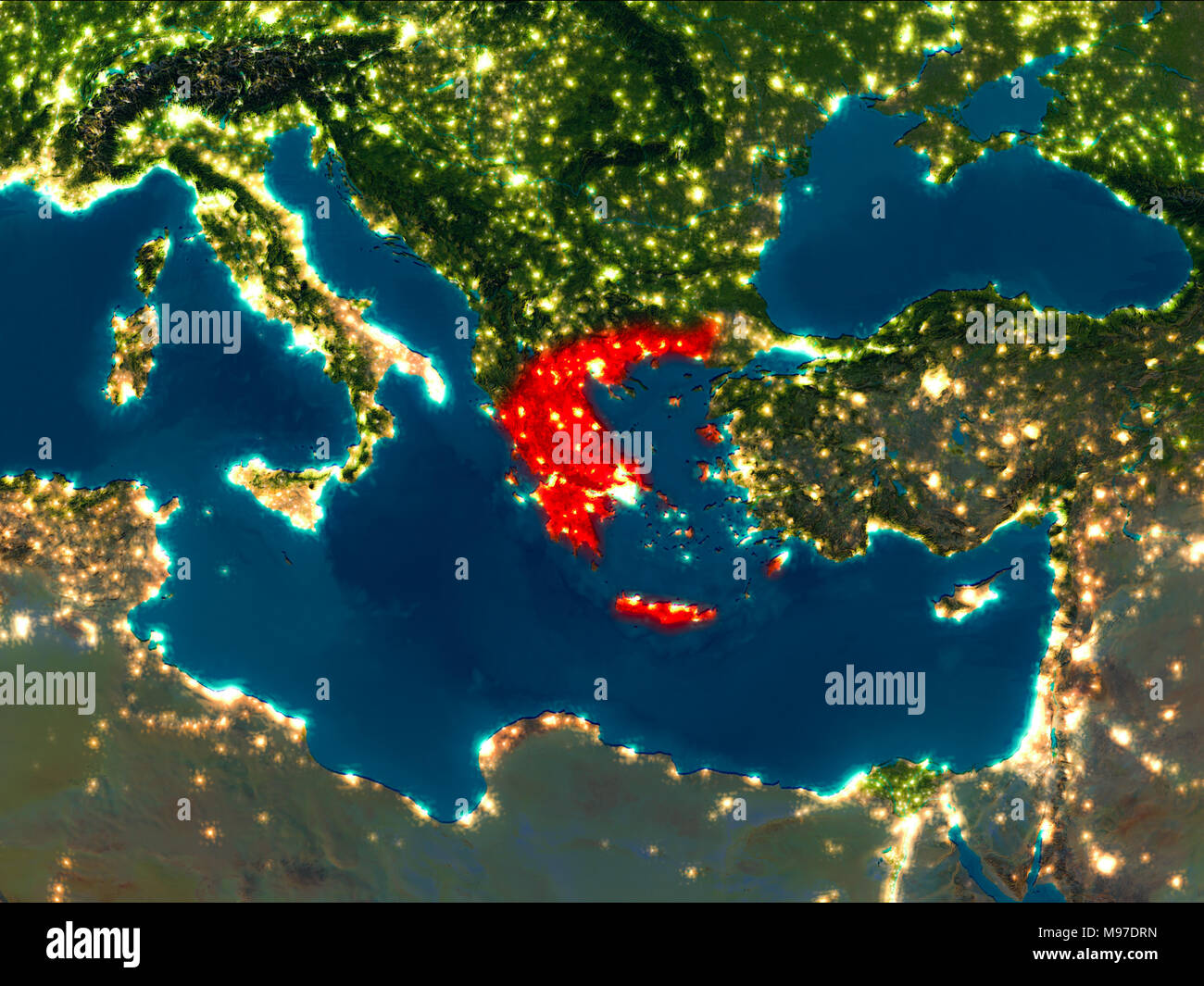 Satellite night view of Greece highlighted in red on planet Earth. 3D ...