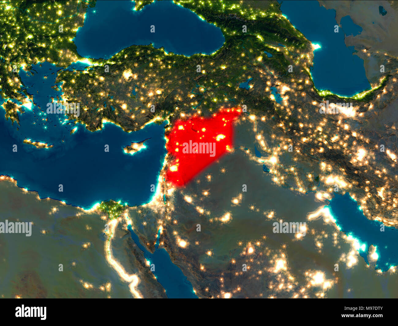 Satellite night view of Syria highlighted in red on planet Earth. 3D ...