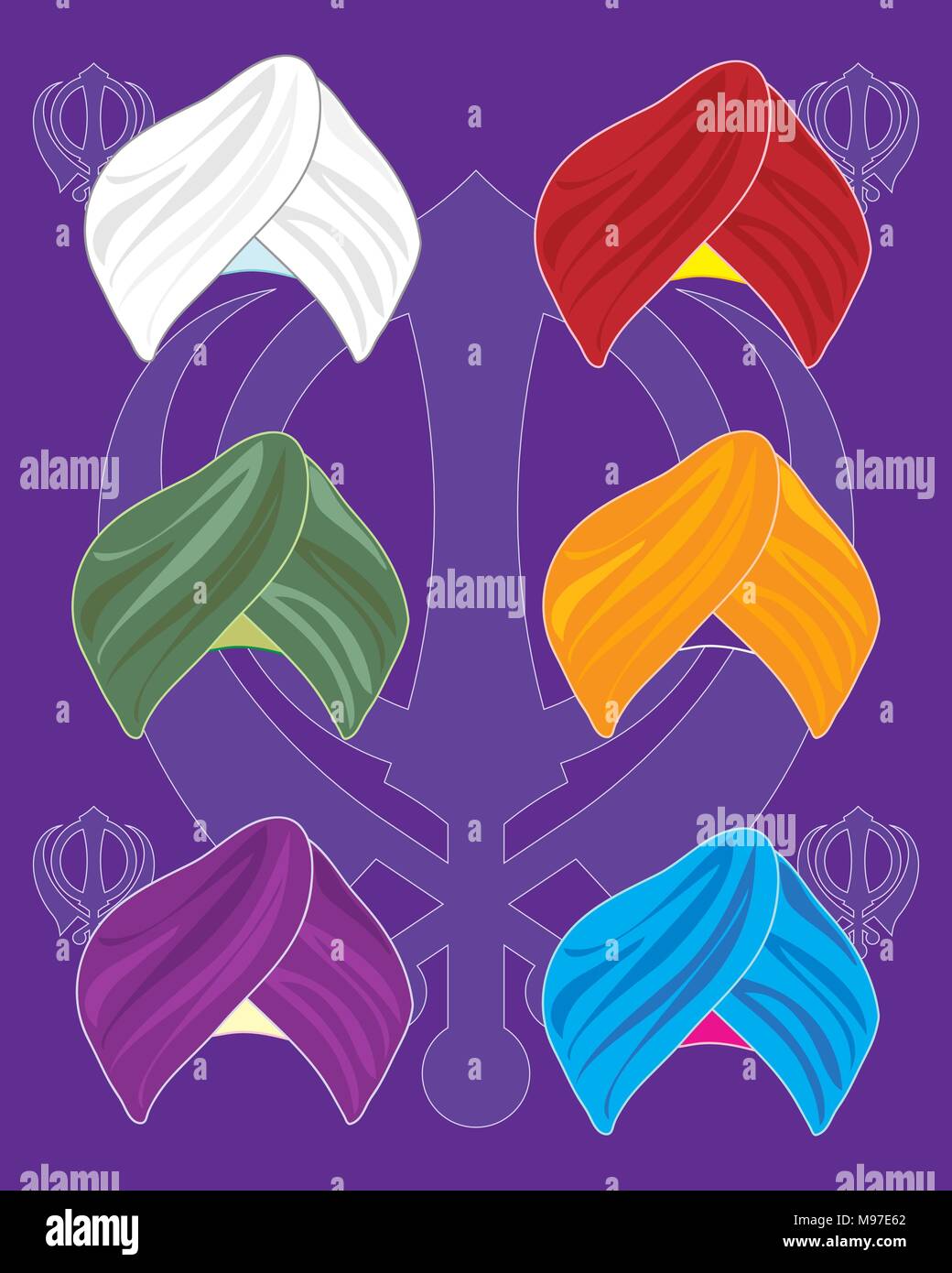 an illustration of colorful turbans on a purple background with sikh ...