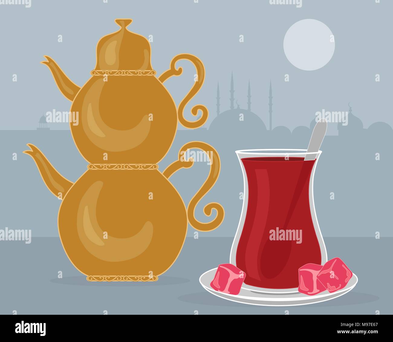 an illustration of a fancy brass turkish teapot with a glass of tea on ...