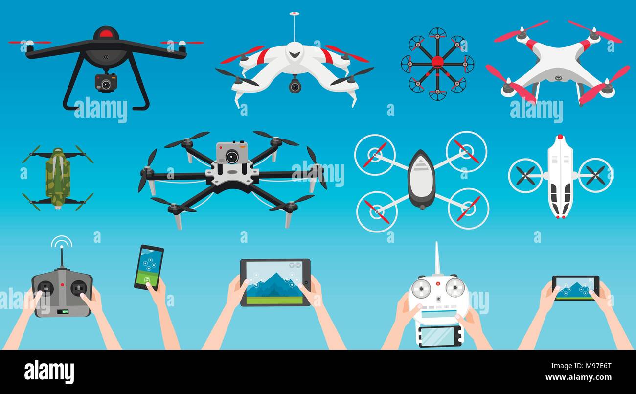 Set of modern air drones and remote control. Science and Modern ...