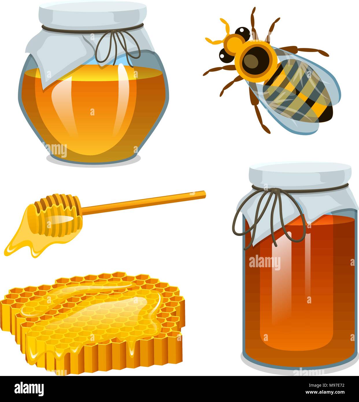 Honey in jar, bee and hive, spoon and honeycomb, hive and apiary ...