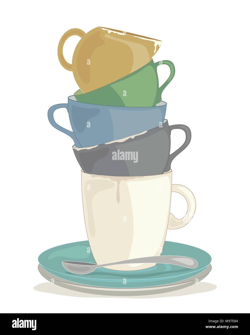 an illustration of a stack of dirty crockery ready to be washed up ...