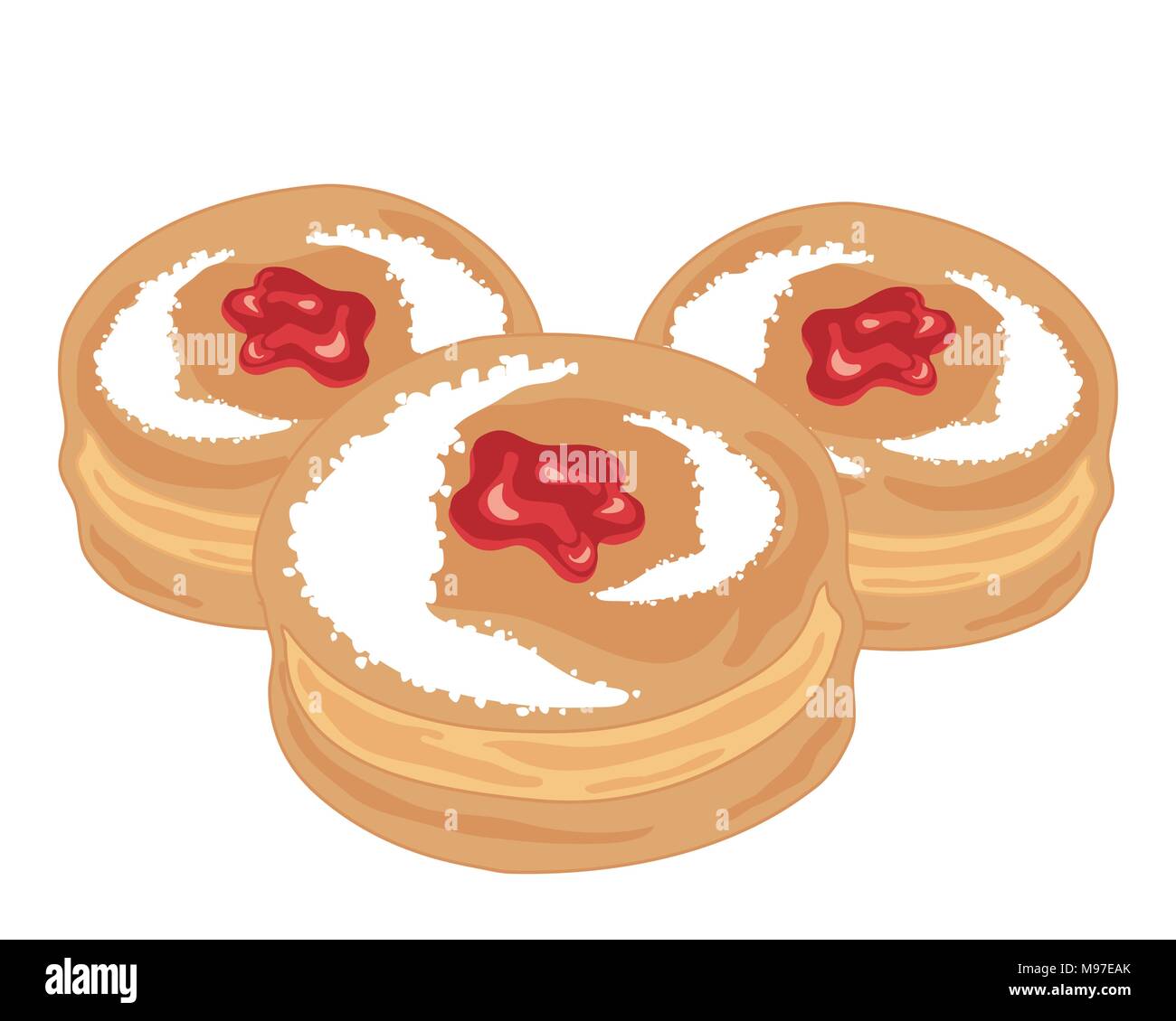 an illustration of three delicious jam donuts with sugar sprinkles ...