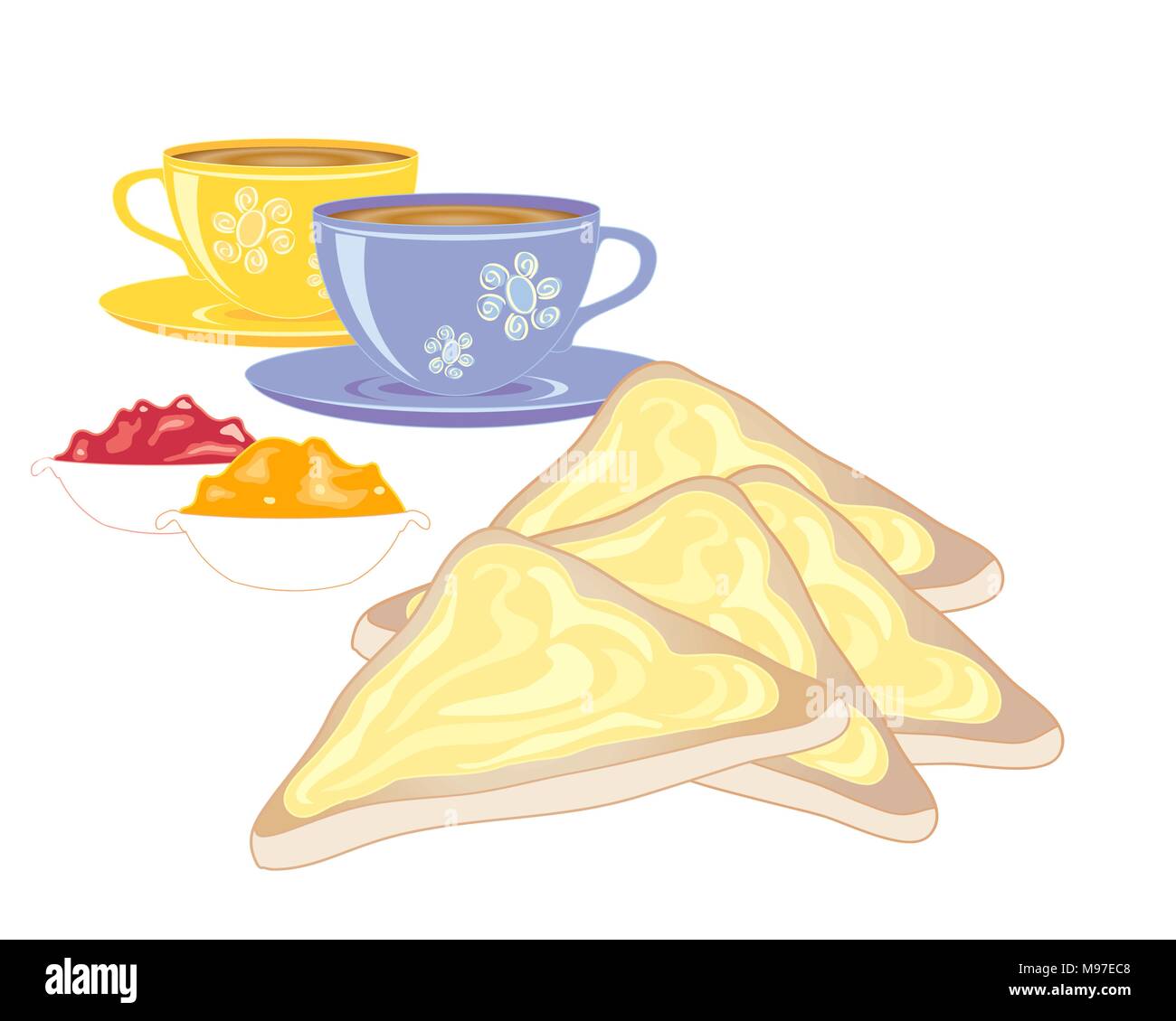an illustration of slices of buttered toast with marmalade jam and cups ...