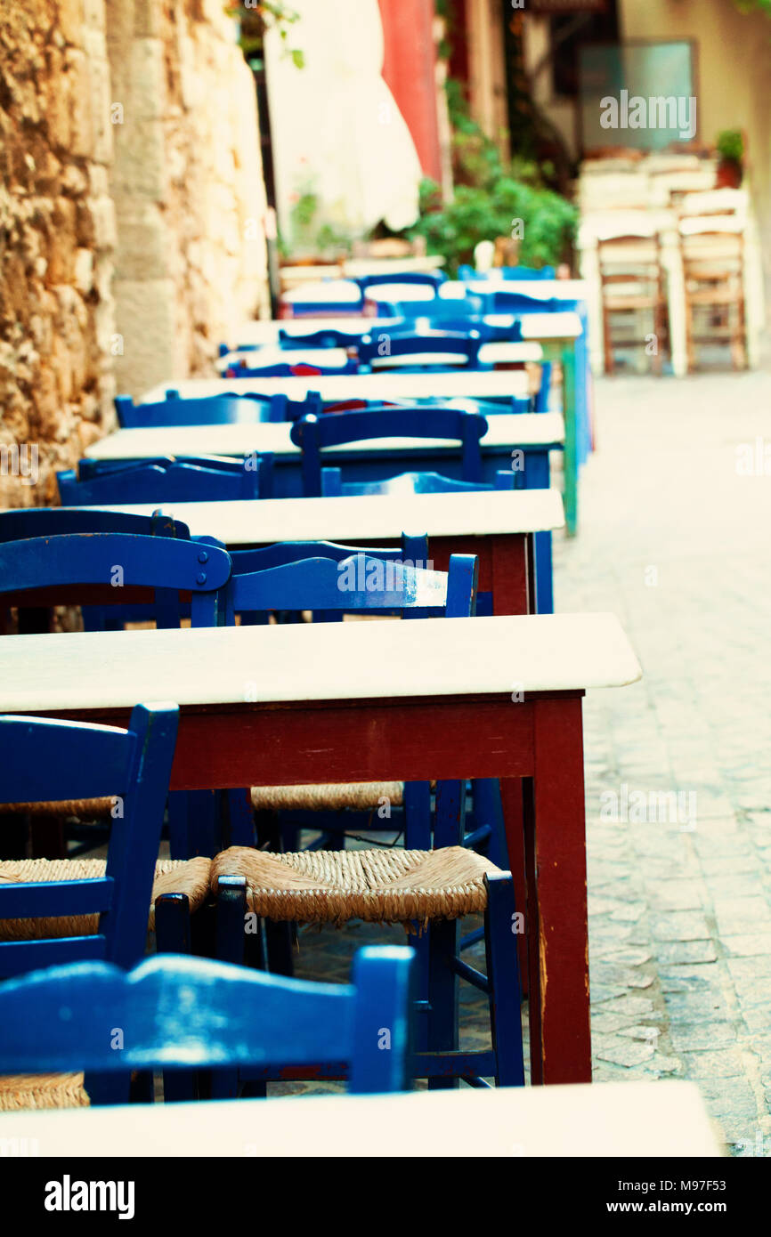 Blue street coffee shop in Crete, impressions of Greece Stock Photo - Alamy