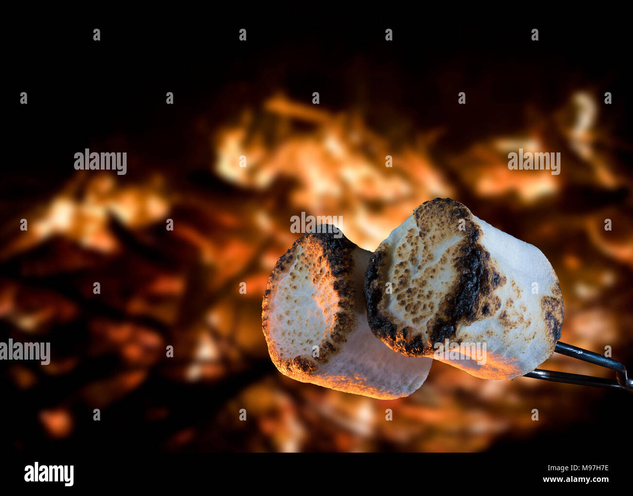 Two marshmallows being roasted over a campfire to make smores Stock ...