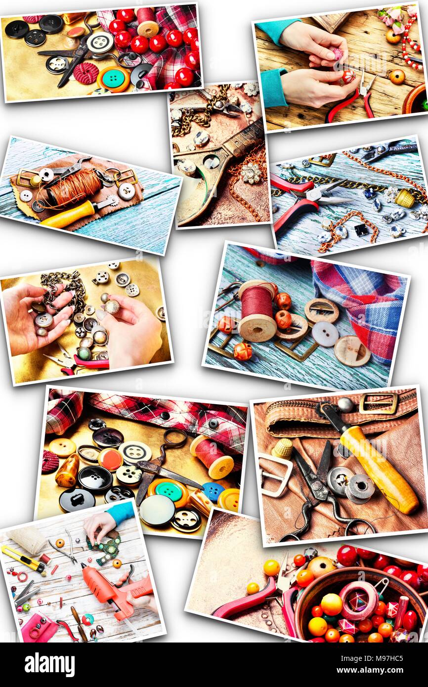 Collage with colored beads and sewing tools.Handmade Stock Photo - Alamy
