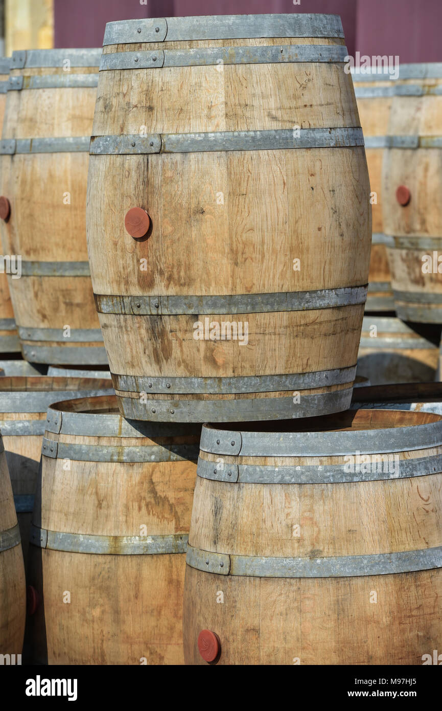 Storage of old barrels in a castle of Bordeaux vineyards, France Stock ...