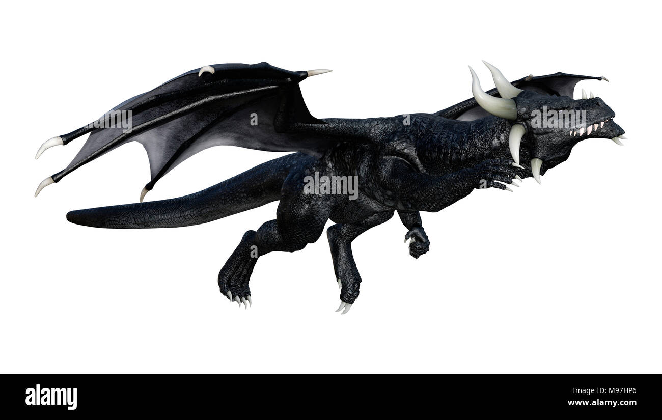3D rendering of a fantasy black dragon isolated on white background ...