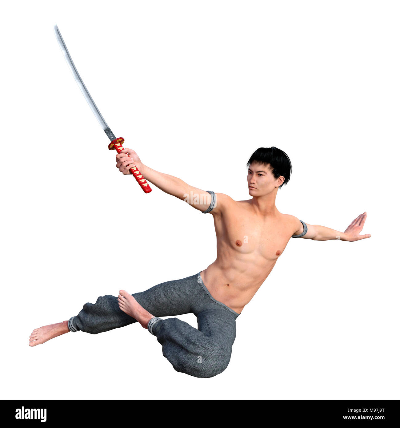 3D rendering of a fighting monk holding a sword isolated on white ...