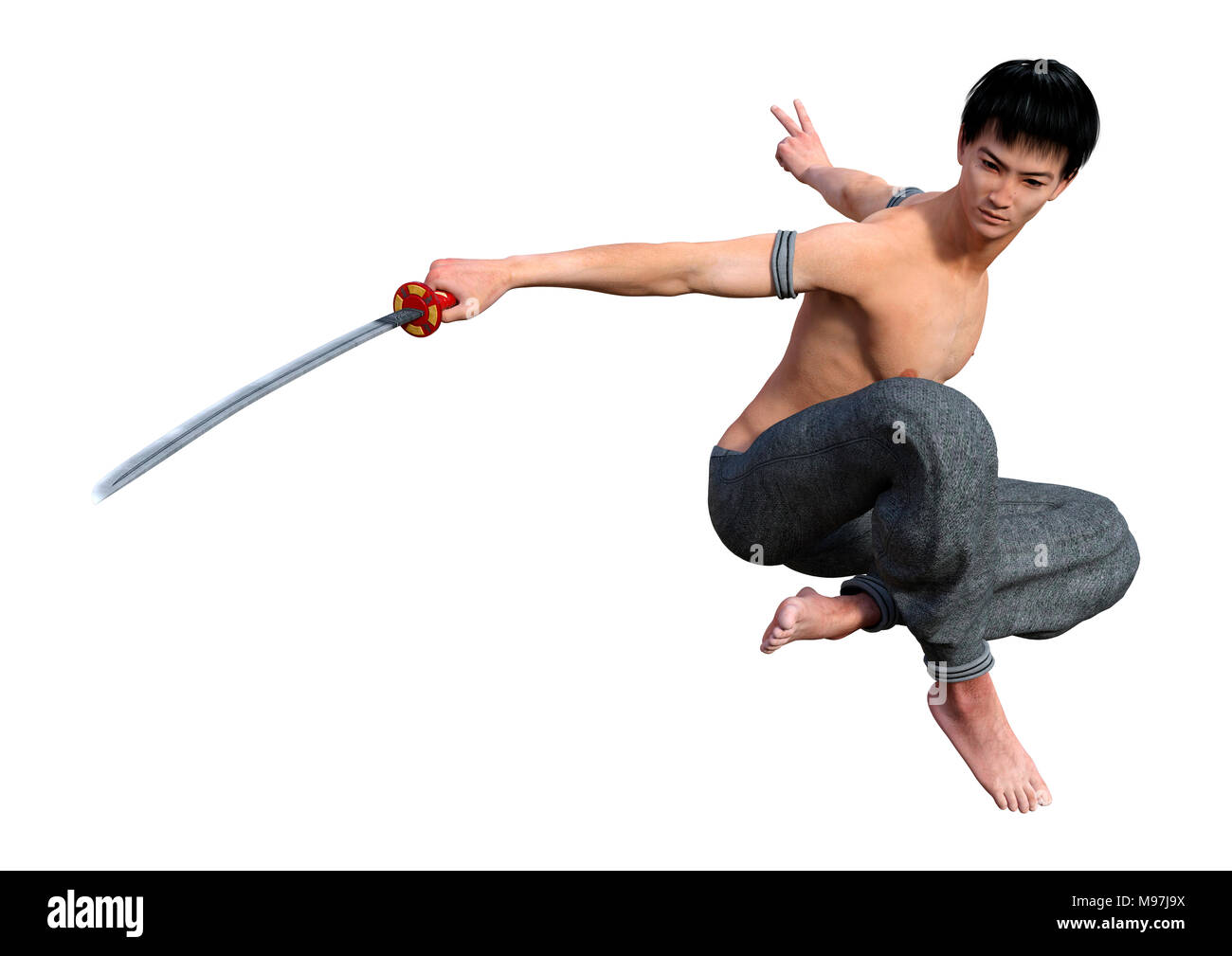 3D rendering of a fighting monk holding a sword isolated on white ...