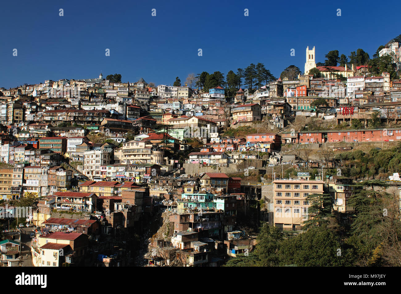 View on the Shimla Indian rest city, in the Himalaya mountains, India ...