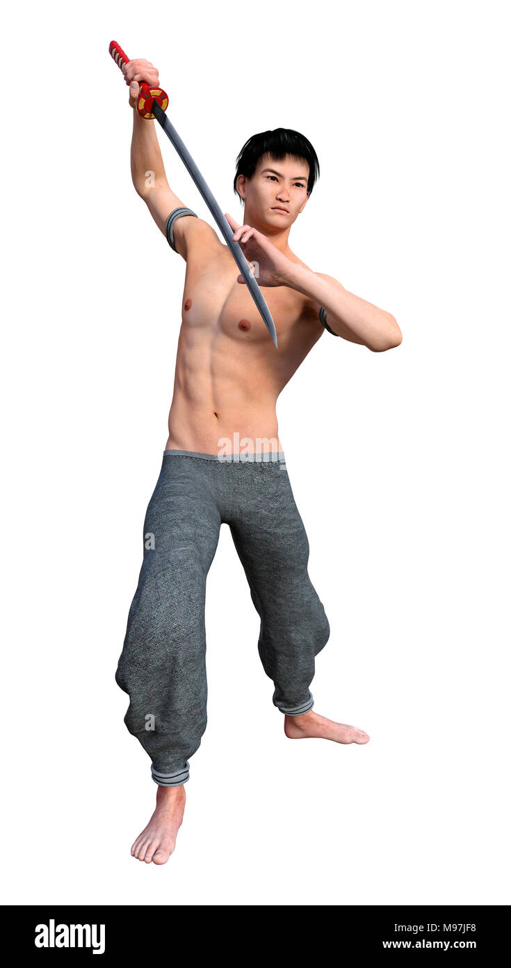 3D rendering of a fighting monk holding a sword isolated on white ...