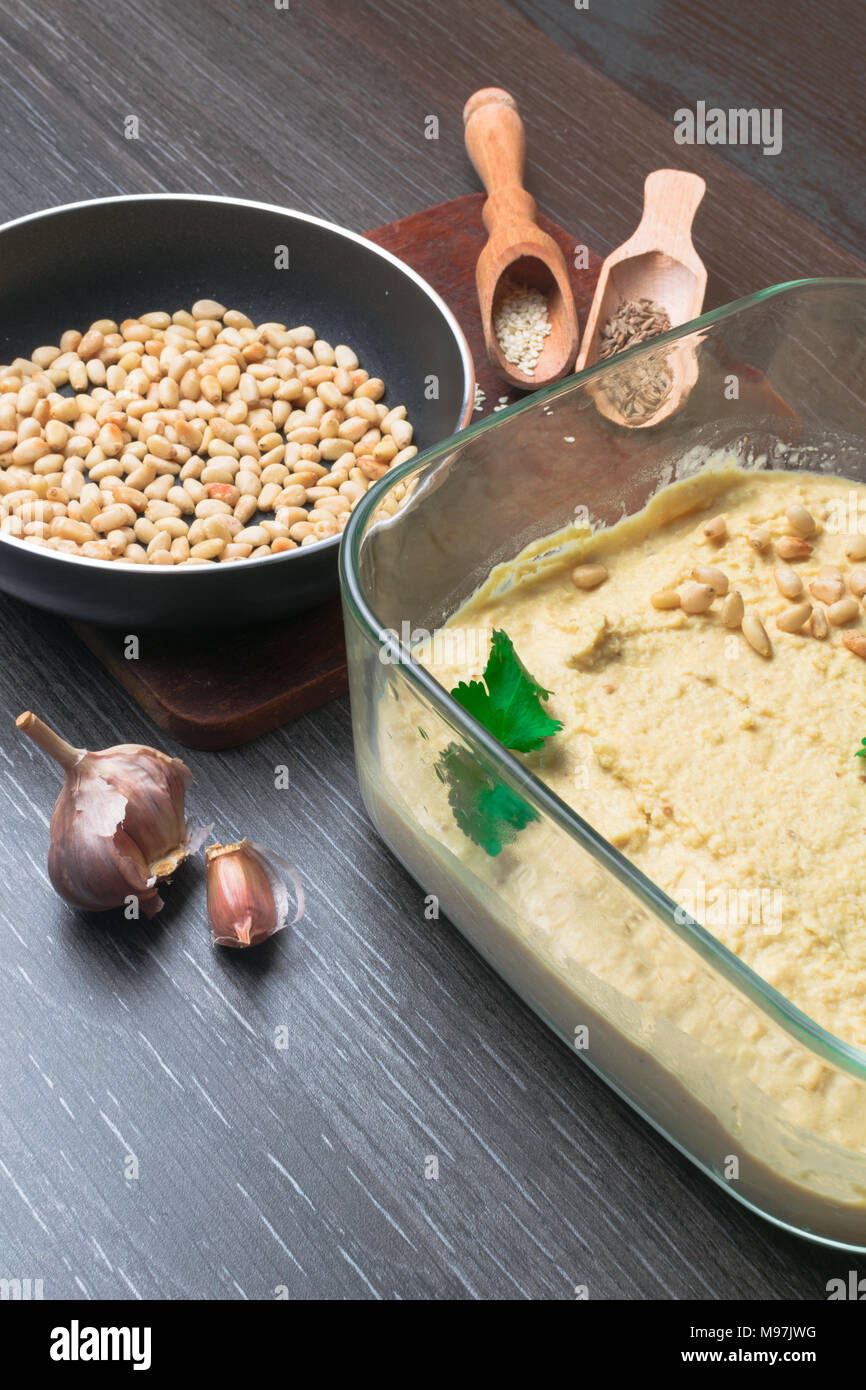 Hummus or houmous, appetizer made of mashed chickpeas with tahini ...