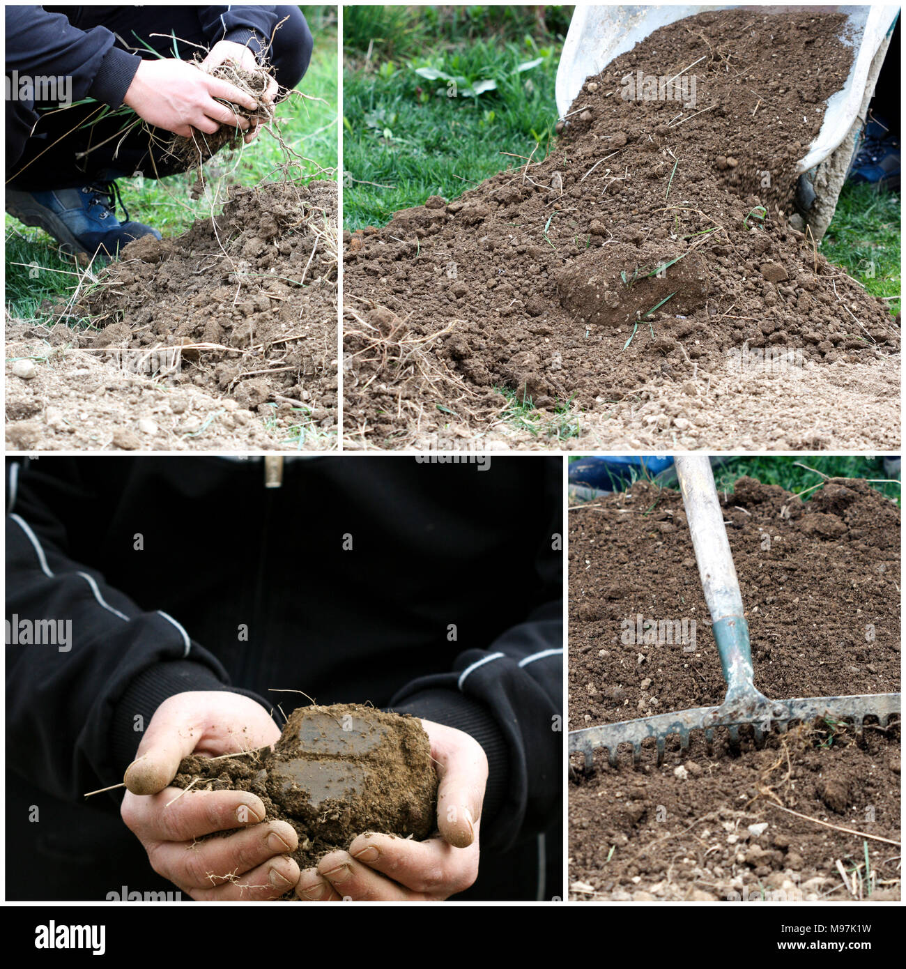 Gardening concept. Collage of tools and soil in a hands Stock Photo - Alamy