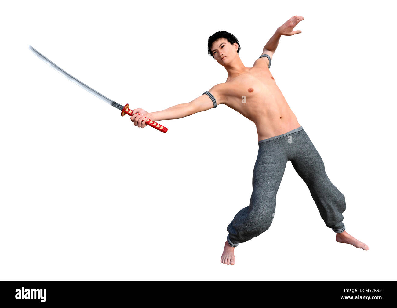 3D rendering of a fighting monk holding a sword isolated on white ...