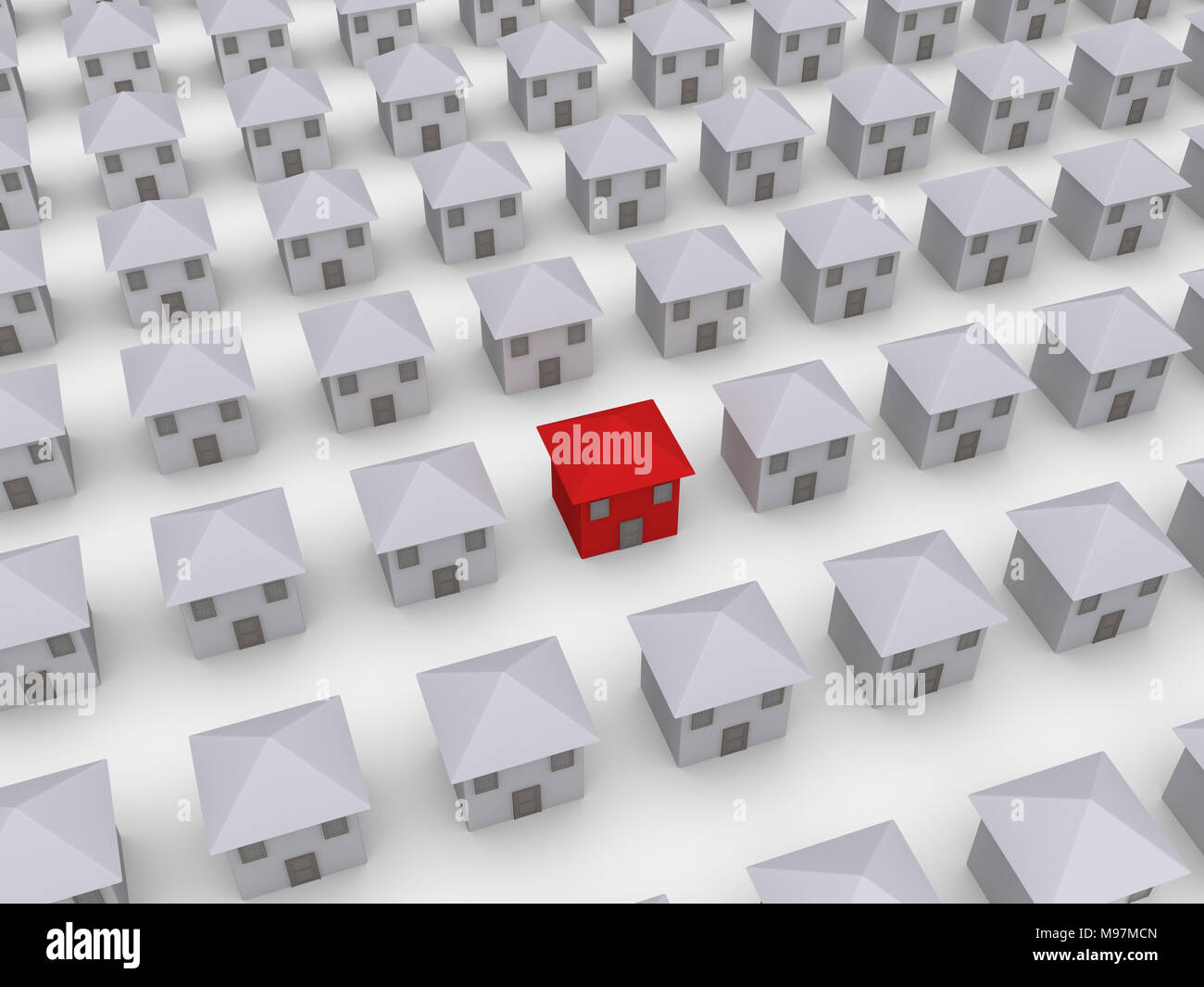 Many 3d houses in rows but one is of different color Stock Photo - Alamy
