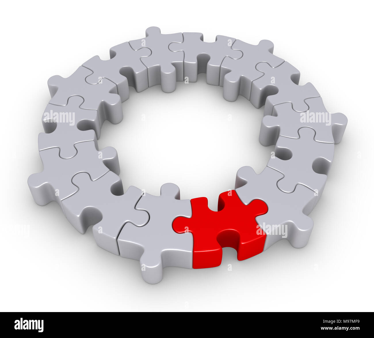 Connected puzzle pieces form a circle and one is of different color ...