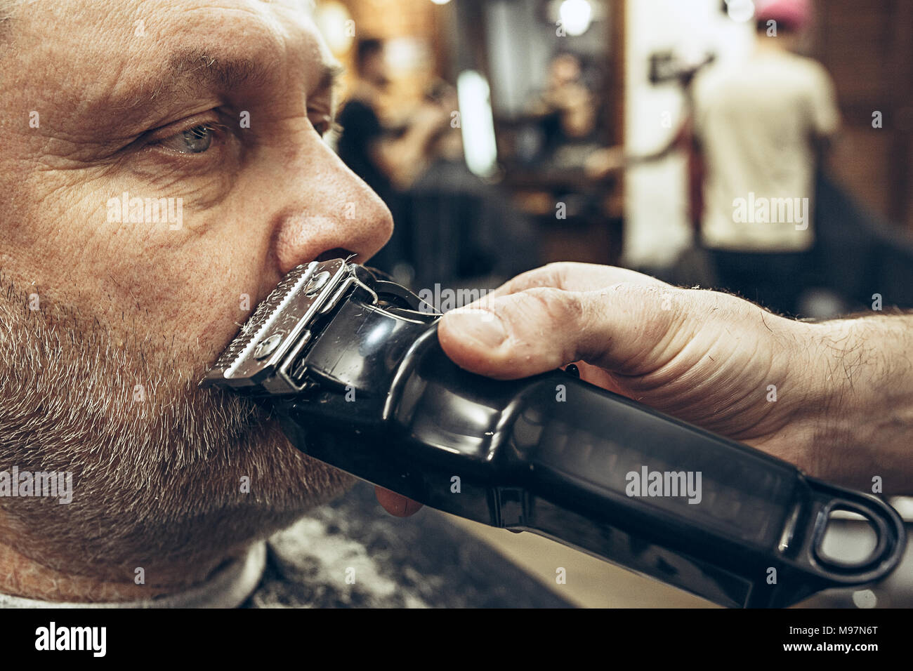 Close-up side view portrait of handsome senior bearded caucasian man ...