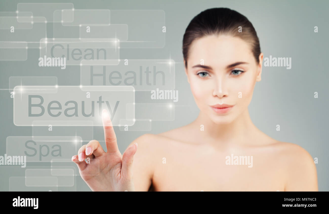 Healthy Model Woman with Virtual Display. Beauty Concept Stock Photo ...