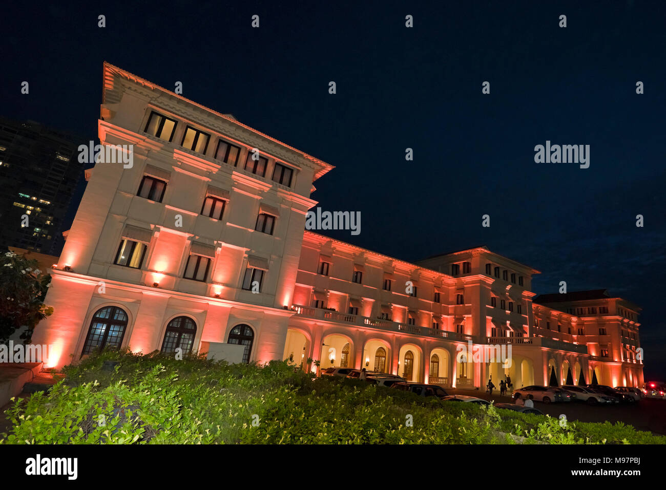 Horizontal view of the Galle Face Hotel at night in Colombo, Sri Lanka ...