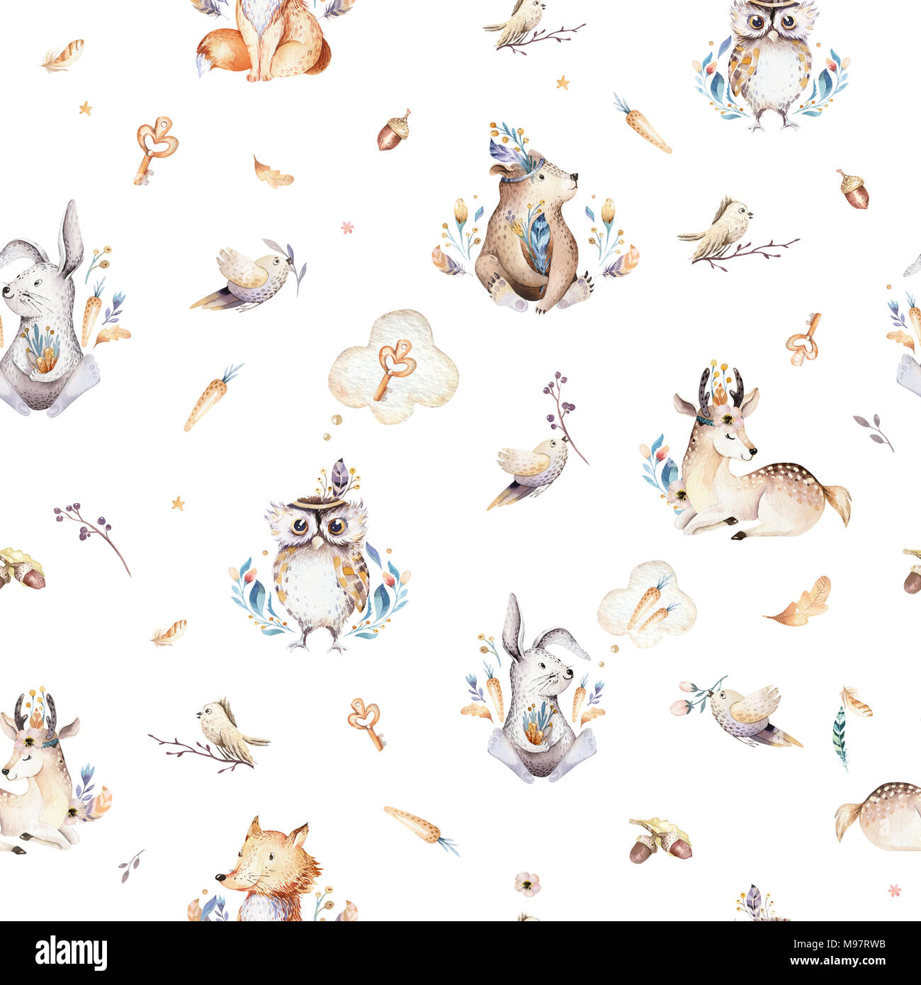 Baby animals nursery isolated seamless pattern with bannies. Watercolor ...