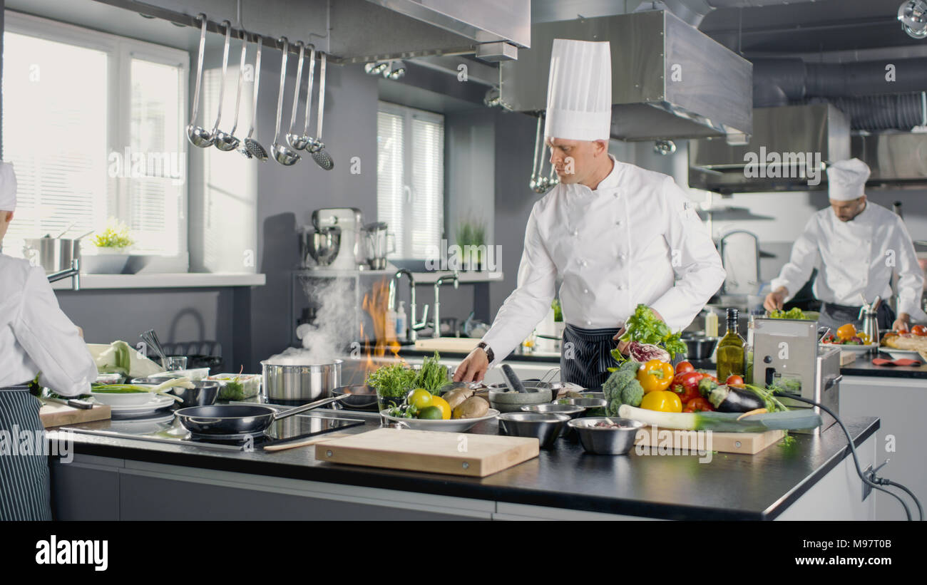 Famous Chef Works in a Big Restaurant Kitchen with His Apprentices ...
