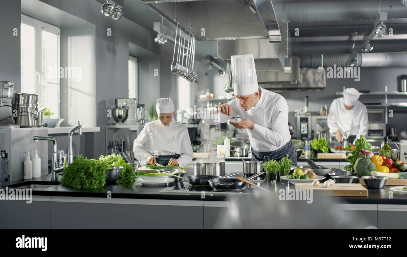 Famous Chef Works in a Big Restaurant Kitchen with His Help. Kitchen is ...
