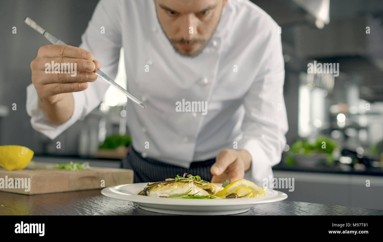Famous Chef Decorates His Special Fish Dish with Some Greens. He Works ...
