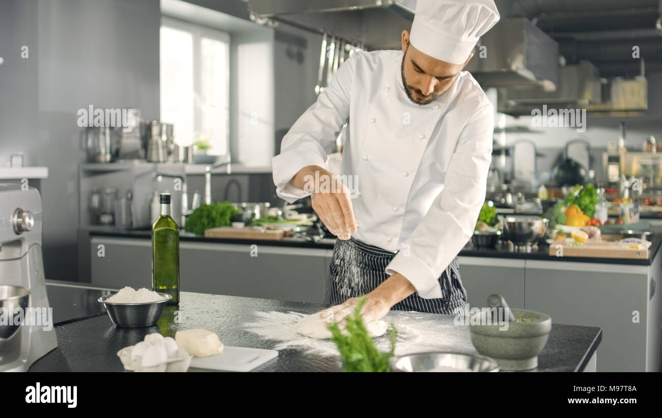 Baker Chef of Famous Restaurant Kneads the Dough in a Modern Looking ...