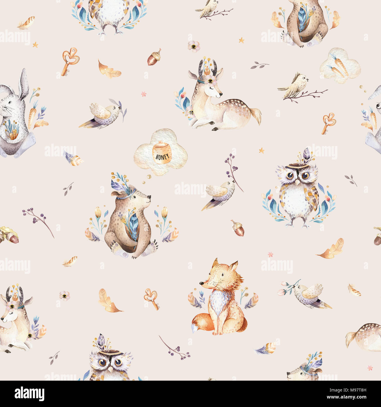 Baby animals nursery isolated seamless pattern with bannies. Watercolor ...