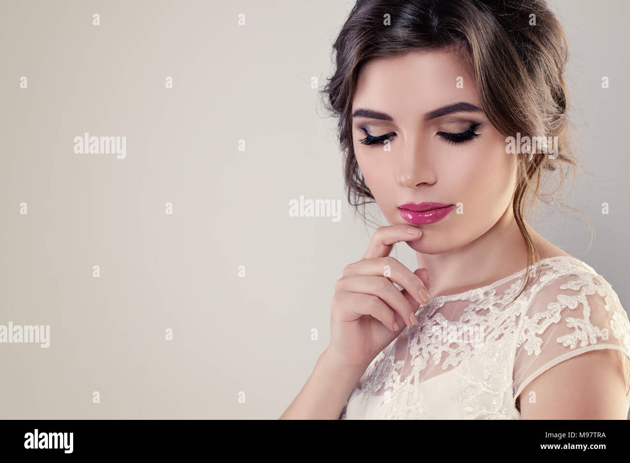 Bridal Makeup. Beautiful Young Woman Fiancee with Hairstyle and Wedding ...