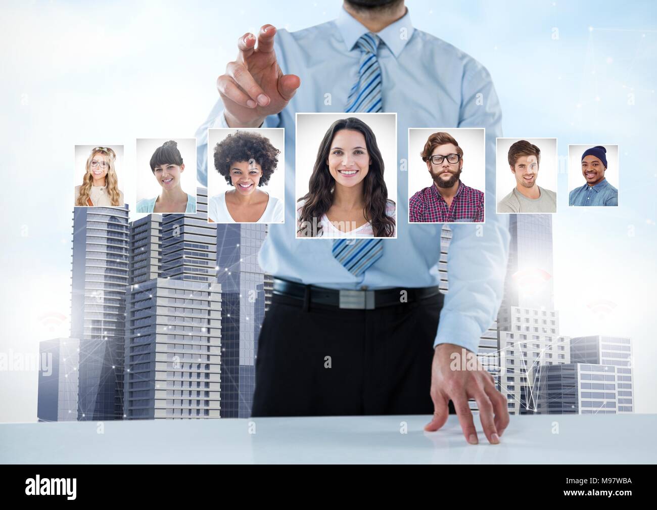 Man touching portrait profiles of different people Stock Photo - Alamy