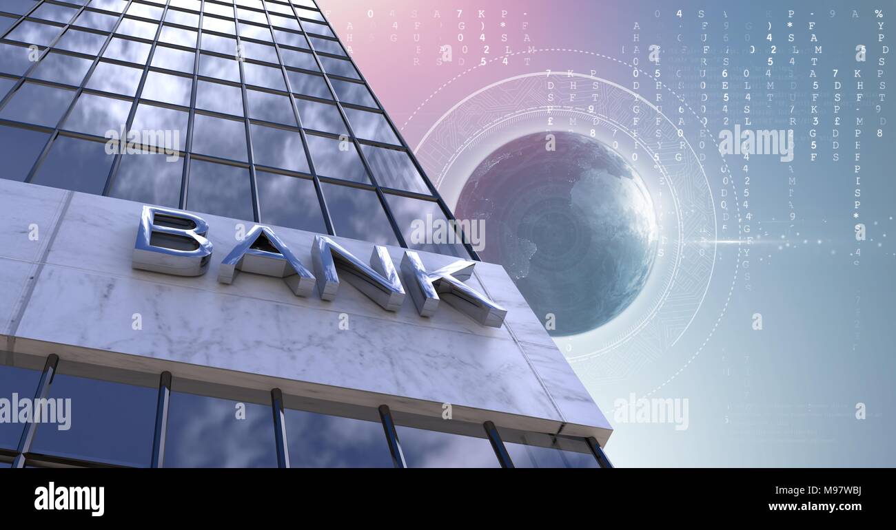 Tall buildings bank with world globe background Stock Photo - Alamy
