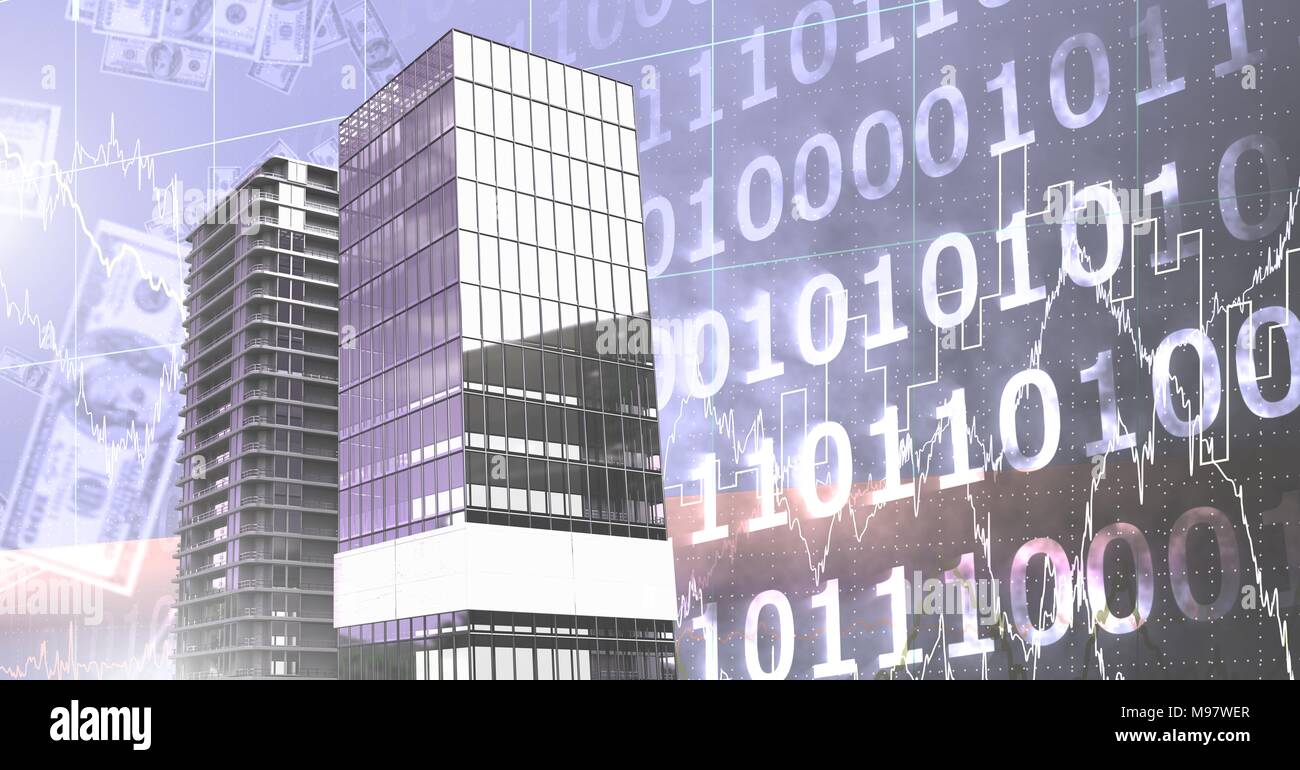 Tall buildings with binary code scales background Stock Photo - Alamy