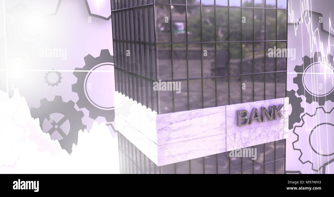 Tall buildings bank with cog gears background Stock Photo - Alamy