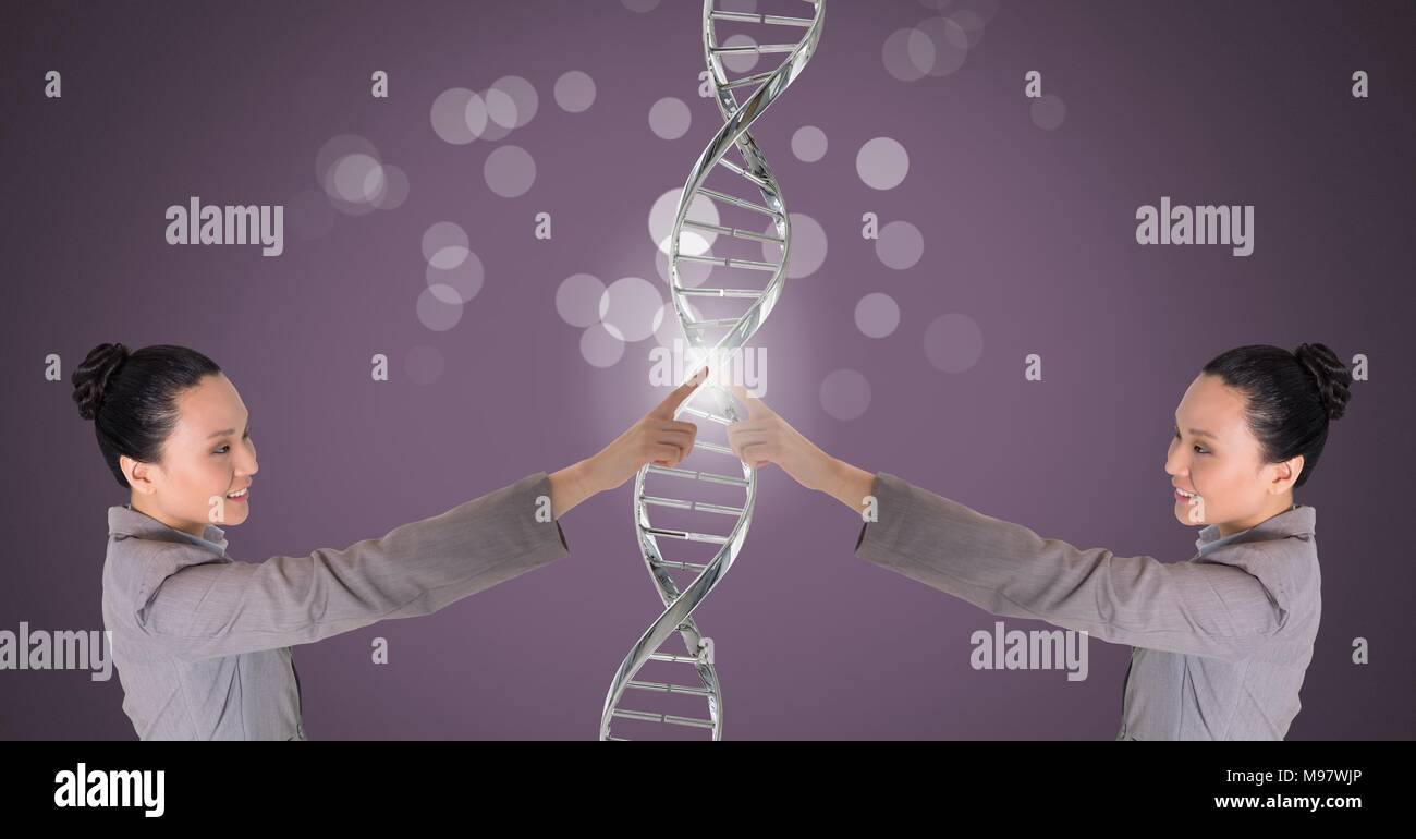 Clone twin woman touching herself with genetic DNA and sparkles Stock ...