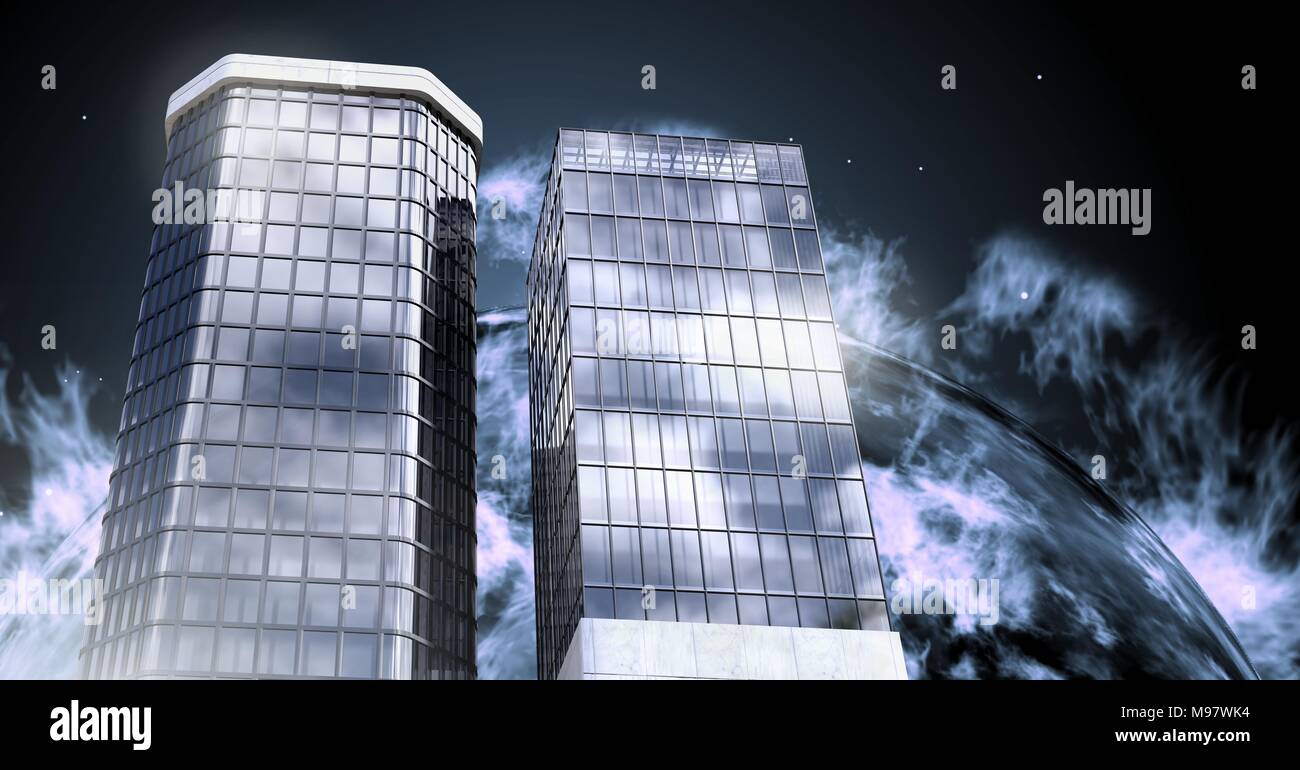 Tall buildings with planet burning background Stock Photo - Alamy