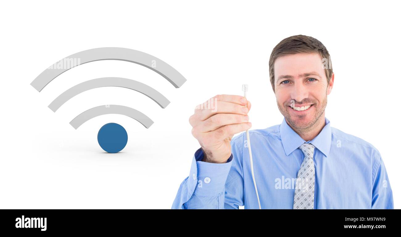 Man holding wire connection with wi-fi icon Stock Photo - Alamy