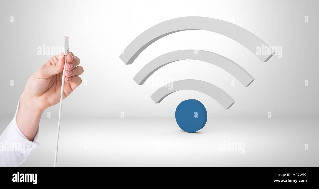 Hand holding wire connection with wi-fi icon Stock Photo - Alamy