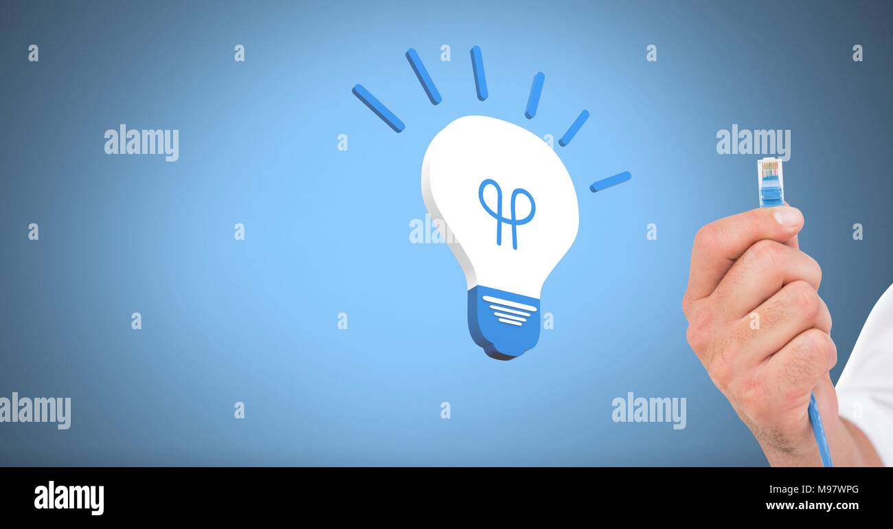 Hand holding wire connection with light bulb icon Stock Photo - Alamy