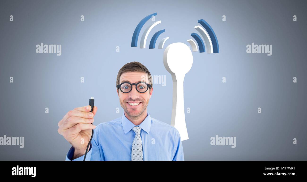 Hand holding wire connection with signal icon Stock Photo - Alamy