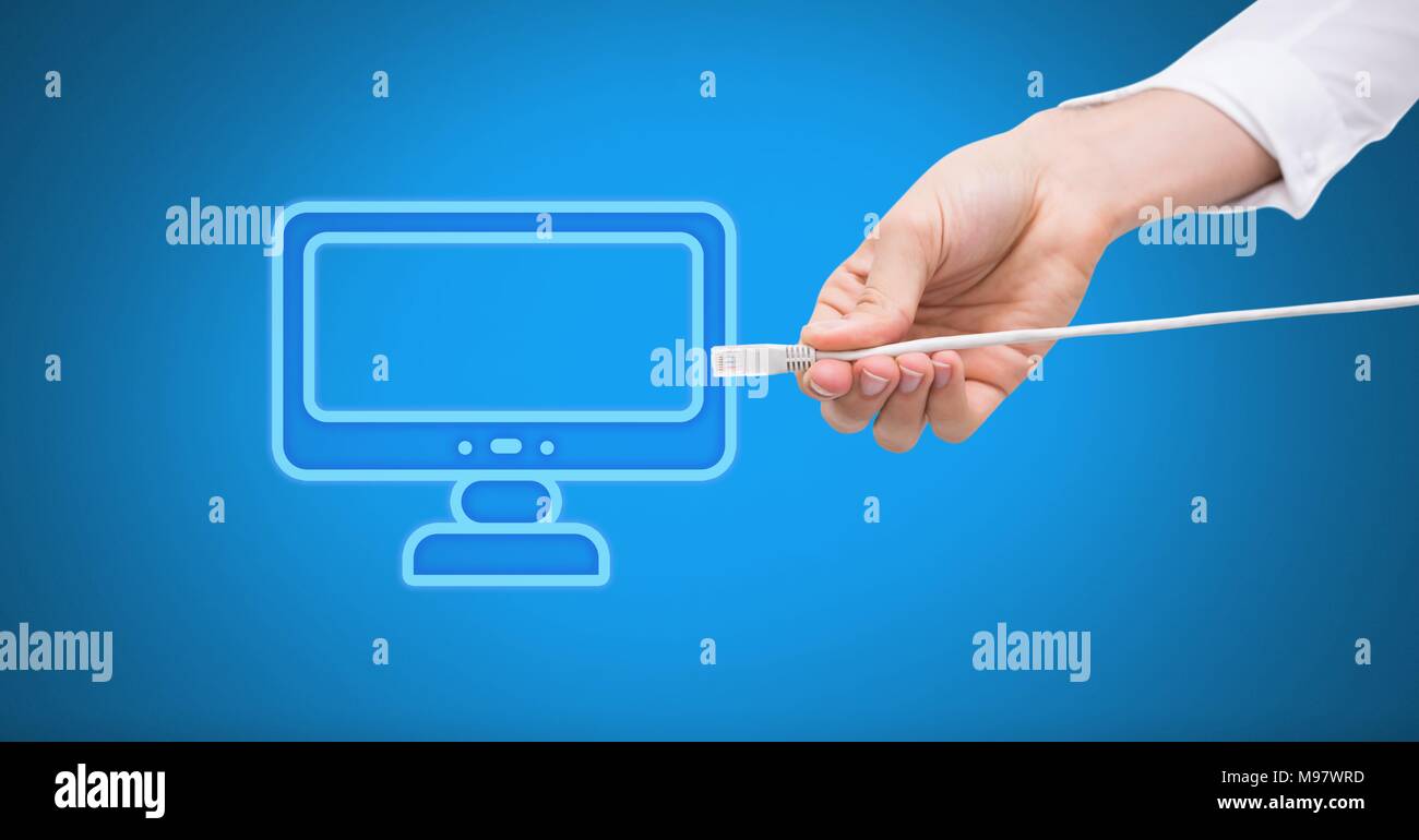 Hand holding wire connection with computer icon Stock Photo - Alamy