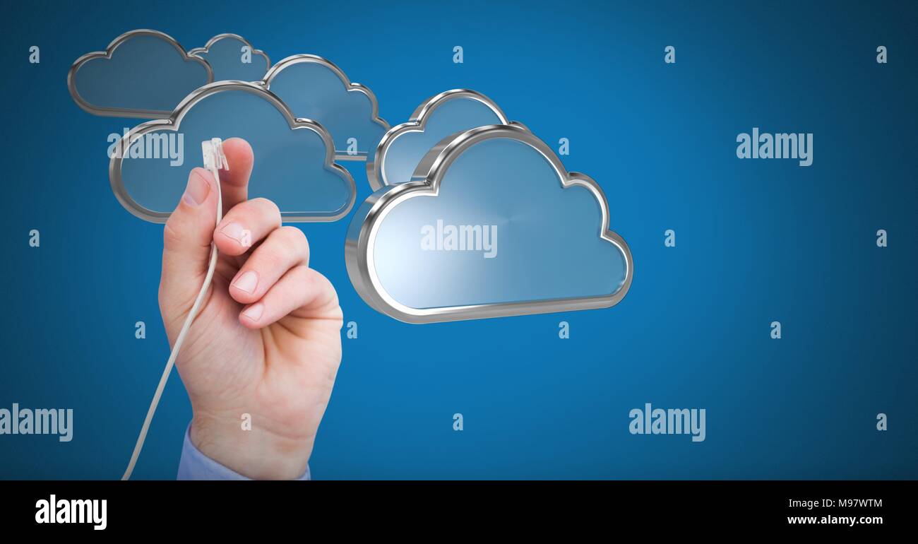 Hand holding wire connection with clouds Stock Photo - Alamy