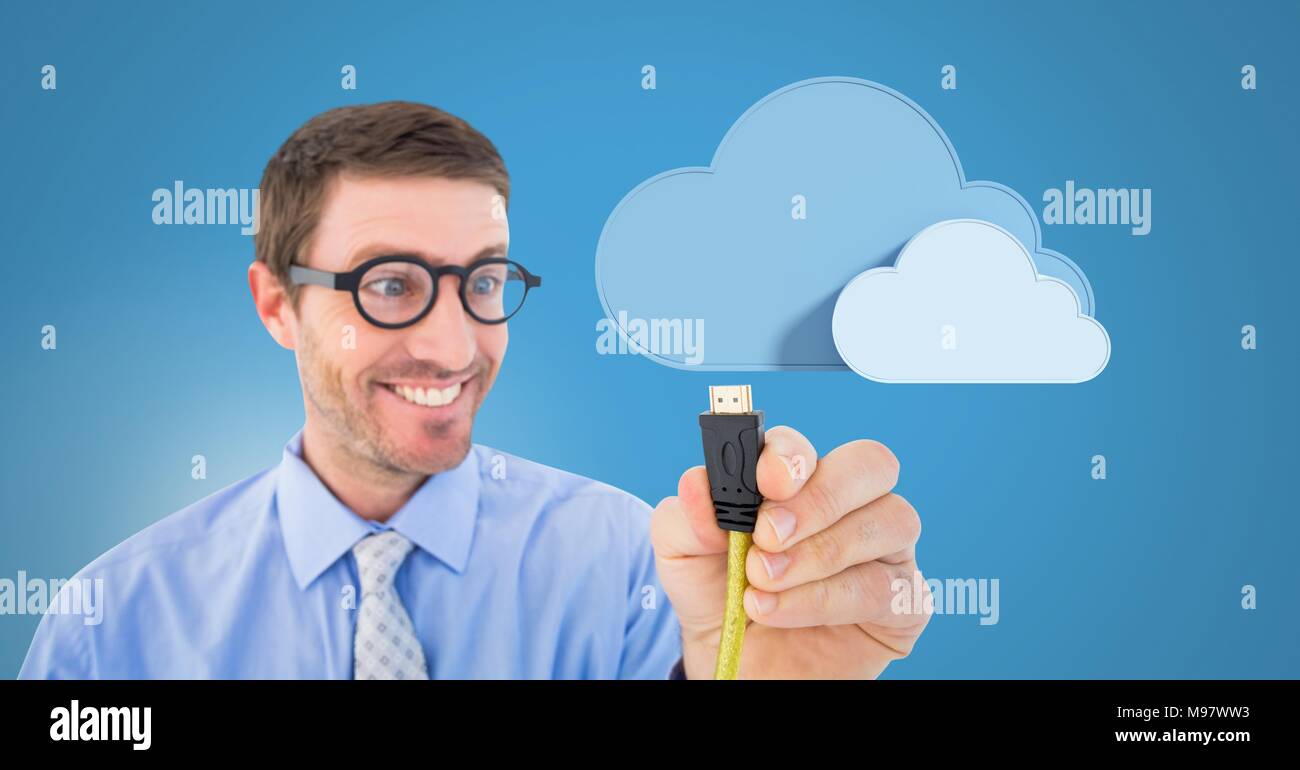 Man holding wire connection with clouds Stock Photo - Alamy