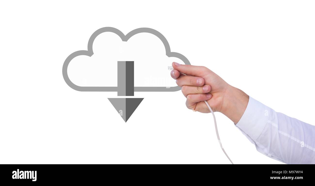 Hand holding wire connection with cloud download Stock Photo - Alamy