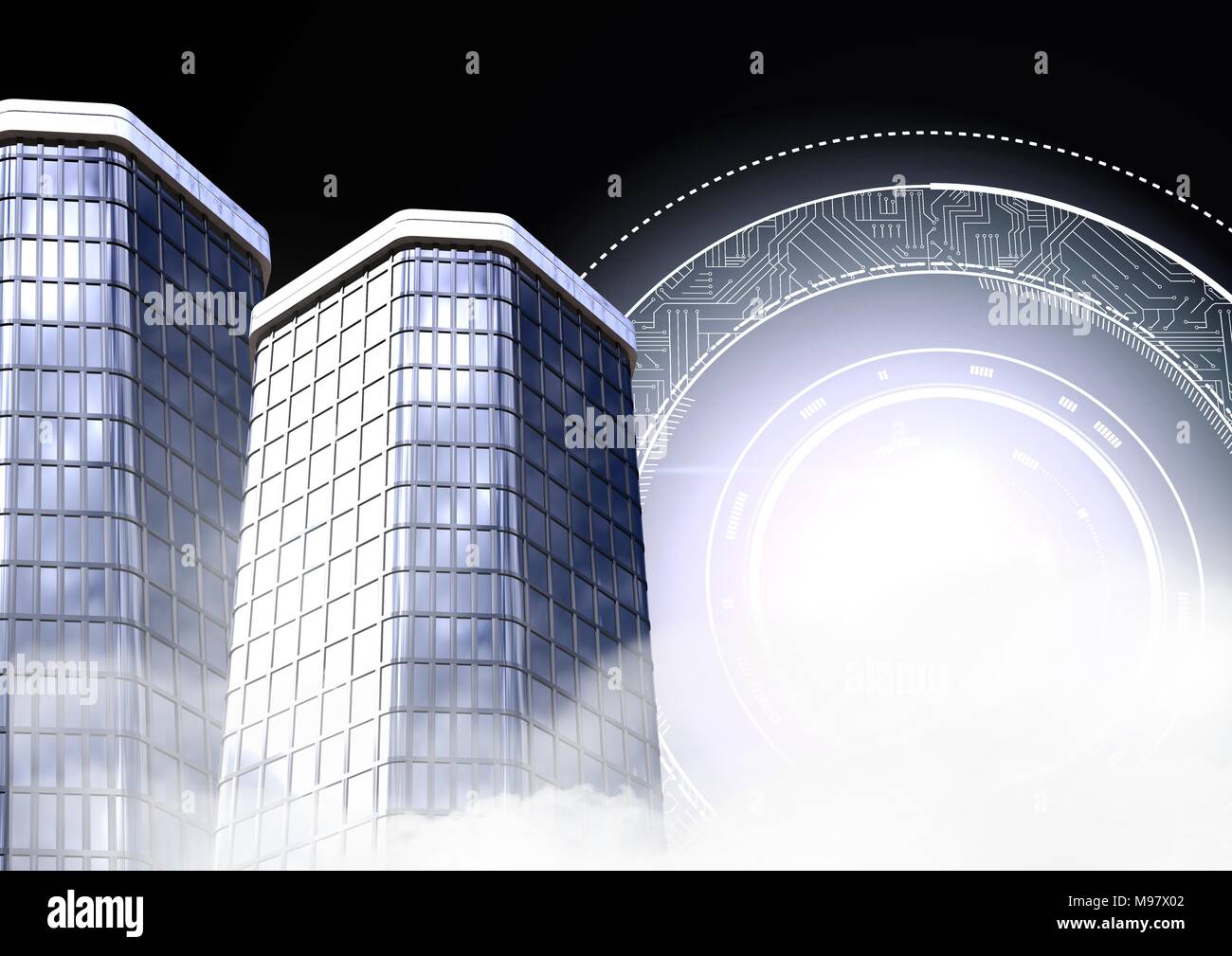 Tall buildings with sci-fi circle glowing Stock Photo - Alamy